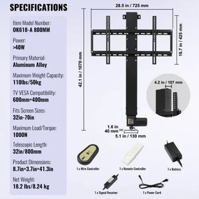 Motorový TV zvedák pro obrazovky 66–152,4 cm, zdvih 800 mm, nosnost 59,9 kg