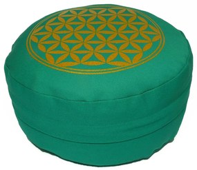S radostí - vlastní výroba Meditační polštář se zlatým Květem života - zelený Velikost: ∅30 x v18 cm