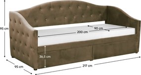 Postel s úložným prostorem, 90x200, hnědá Velvet látka, ZASKA