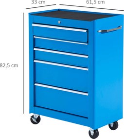 Skříňka na nářadí, box na nářadí, 5 zásuvek, na kolečkách, ocel, modrá