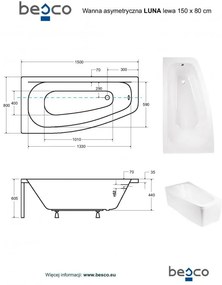 BESCO Asymetrická vana LUNA Nožičky k vaně - Bez nožiček, Rozměr vany - 150 × 80 cm, Způsob provedení - Levé VANLUN150L