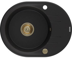 Mexen Kevin granitový dřez 1-komorový s odkapávačem 586 x 458 mm, černý, zlatý sifon - 6517581005-77-G