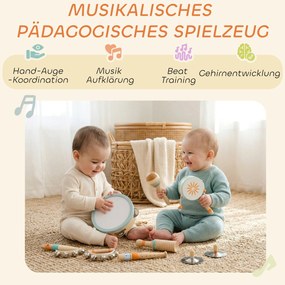 AIYAPLAY dětská sada hudebních nástrojů, 10-dílná Montessori sada nástrojů s tamburínou, chrastítky, bubnem, činely, flétnou