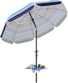 Plážový slunečník Outsunny Ø198 cm s ochranou UV30+, se skládacím stolkem a držáky na nápoje, nastavitelný náklon, balkonní/cestovní slunečník s přepr