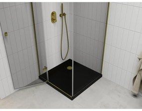 Mexen Roma, sprchový kout s křídlovými dveřmi 80 (dveře) x 80 (stěna) cm, 6mm čiré sklo, zlatý profil + slim sprchová vanička černá + zlatý sifon, 854-080-080-50-00-4070G