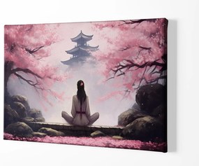 Obraz na plátně - Yuki medituje mezi Sakurami, chrám Japonsko FeelHappy.cz Velikost obrazu: 210 x 140 cm