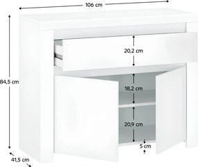 Komoda 2D1S, bílý lesk, LINDY