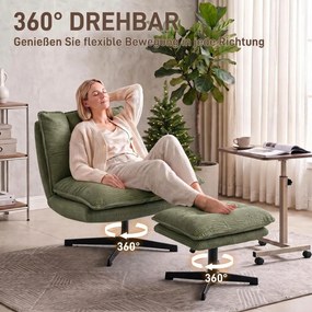 HOMCOM Lounge křeslo s podnožkou, otočné o 360°, potah z kordury, nastavitelná opěrka nohou, zelené