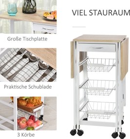 HOMCOM Skládací kuchyňský vozík s 6 koly, 1 zásuvkou a 3 kovovými koši - Multifunkční servisní vozík pro úložný prostor s nosností 50 kg, 97,2x37x77,…