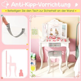 Costway 2 v 1 dětský toaletní stolek + taburet se skládacím zrcadlem a zásuvkou