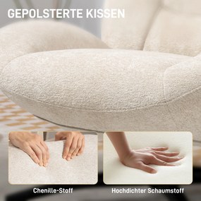 HOMCOM Otočné křeslo do obývacího pokoje, lounge křeslo se širokým sedadlem, integrovanou opěrkou rukou, vzhled chenillu, krémově bílá