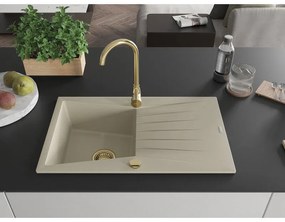 Mexen Cesar, granitový dřez 775x470x190 mm, 1-komorový, béžová se zlatým sifonem, 6514771010-69-G