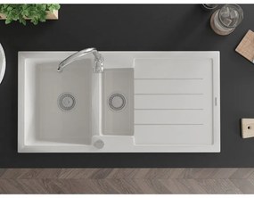 Mexen Andres 1,5-komorový granitový kuchyňský dřez s odkapávačem 100x50 cm a kuchyňská baterie Telma, bílá, 6515-20-670200-00