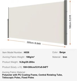 Stahovací boční markýza, 180,3 × 299,7 cm Venkovní ochranná – KSSCP180X300TP4R5V0