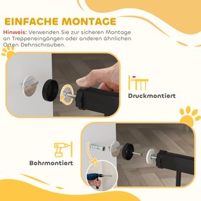 PawHut Brána pro domácí mazlíčky, 77 cm zábrana na schody, nastavitelné šířky 76-104 cm, s dvířky pro kočky, pro schody a dveřní otvory, černá