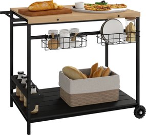 Dřevěný pojízdný servírovací vozík Outsunny s 2 policemi, 2 kovovými koši a držáky na víno pro zahradu a patio 97,5x65x81 cm Přirozená a Černá | Aosom