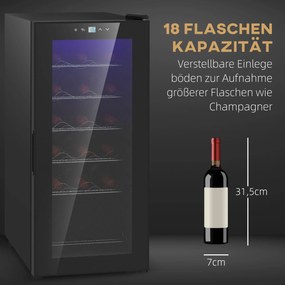 HOMCOM Chladnička na víno, kompresorová, na 18 lahví, 50 litrů, se skleněnými dveřmi, 5-18°, chladnička na lahve s dotykovým spínačem| Aosom