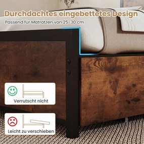 Costway Rám postele s LED osvětlením a nabíjecí stanicí rustikálně, 200 x 140 cm
