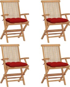 vidaXL Zahradní židle s mi poduškami 4 ks masivní teak [3065632] Barva: Červená