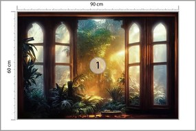 Fototapeta A Large Arch-Shaped Window, A Portal In The Dark Mystical Forest, The Sun&amp;#039;s Rays Pass Through The Window And Trees, Shadows. Fantasy Beautiful Forest Fantasy Landscape. 3D . Strukturální vinyl 315x210