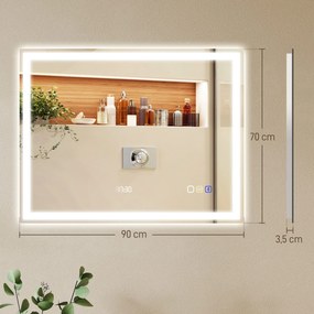 HOMCOM LED koupelnové zrcadlo Bluetooth 90 x 70 cm dotykový spínač, stmívatelné světlo 3 barvy, protimlž, paměť, stříbrné