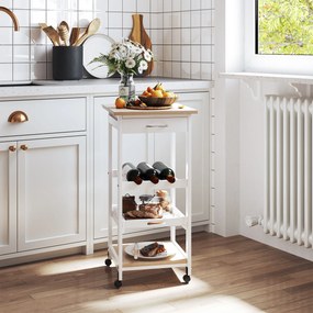 HOMCOM Kuchyňský vozík 4-patrový s kolečky a zásuvkami, regály a stojanem na víno pro kuchyň, obývací pokoj nebo jídelnu 37x37x76 cm Bílý