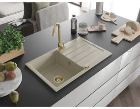 Mexen Bruno, granitový dřez 795x495x200 mm, 1-komorový, béžová se zlatým sifonem, 6513791010-69-G