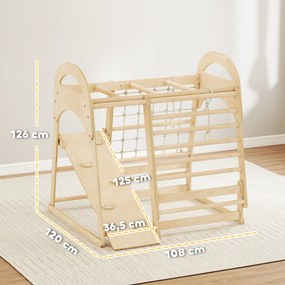 AIYAPLAY Vnitřní horolezecká konstrukce, 6v1 design, skluzavka, lezecké tyče, lezecká stěna, žebřík, lezecká síť, 3-6 let, dřevo