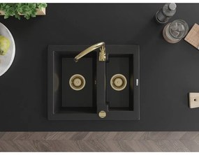 Mexen Carlos, granitový dřez 582x475x177 mm, 1,5-komorový, černá se zlatým sifonem, 6518581500-77-G