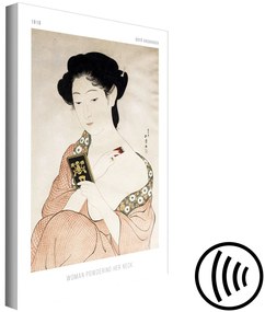Obraz Žena pudrující krk (1-dílný) svislý - portrét na světlém pozadí
