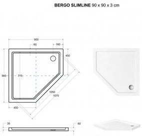 BESCO Pětiúhelníková sprchová vanička BERGO Rozměr C - 16 cm - VANKBERG90SAM