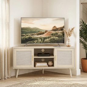 HOMCOM rohový televizní nábytek 115 cm, nábytek pod televizi pro televize až 65 palců, 2 ratanové dveře, 2 přihrádky, dub
