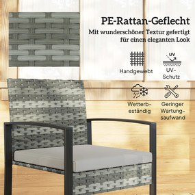 Ratanový bistro set, 3dílná sada zahradního nábytku se 2 zahradními židlemi, konferenčním stolkem, odnímatelnými polštáři, světle šedý