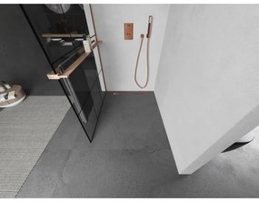 Mexen Kioto+ L, sprchová zástěna Walk-In s poličkou a věšákem 100 x 200 cm, 8mm čiré sklo černý vzor, ​​měděný matný profil, 800-100-123-65-77