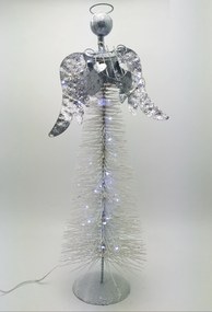 Vánoční svítící kovový anděl s harfou, studená bílá, stříbrná křídla, s třpytkami Velikost (cm): 48cm