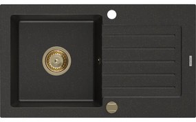 Mexen Pablo 1-miskový granitový dřez s odkapávačem 752 x 436 mm, Černá/Zlatá kovová, sifon Zlatá - 6510751010-75-G