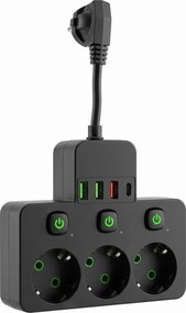 Toolight Toolight, JNH018, zásuvkový rozbočovač 3 zásuvky + 3× USB-A + USB-C s LED světlem, černá, OSW-56307