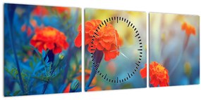 Obraz - Oranžové květy (s hodinami) (90x30 cm)