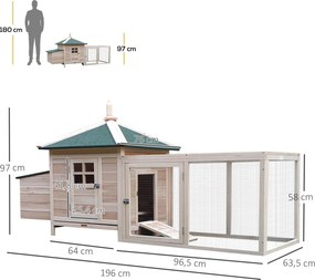 PawHut bantamový kurník s výběhem a hřady, zimní kurník z borovicového dřeva, hnízdní box pro křepelky, 196 x 76 x 97 cm | Aosom.de