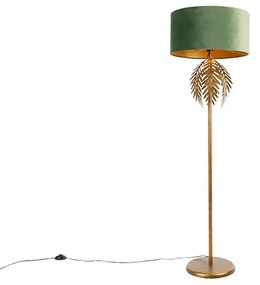 Vintage zlatá stojací lampa s odstínem zeleného sametu - Botanica