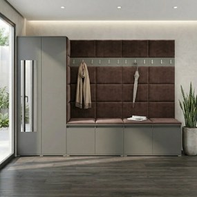 Předsíňová stěna Trinity 9 s čalouněnými panely, 290 cm, grafit/ tmavě hnědá