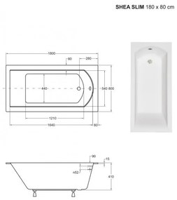 BESCO Obdélníková vana SHEA SLIM Nožičky k vaně - Bez nožiček, Rozměr vany - 180 × 80 cm VANSHEA180SLIM