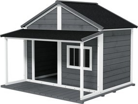 Dřevěná psí bouda PawHut s terasou a asfaltovou střechou – venkovní weatherproof úkryt pro malé zvíře, šedá, 124 x 112 x 105 cm