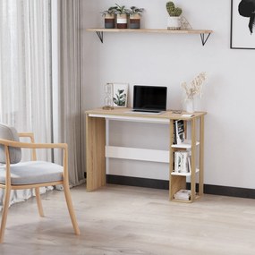 HOMCOM Počítačový stůl s rozměry 100 Š x 44 H x 74 V cm, 3 boční police, dřevo, světlý dub, bílý