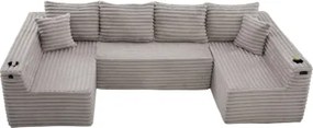 Aosom U-tvarová manšestrová pohovka, integrovaný držák nápojů a boční kapsa, polstrování s pružinovým jádrem, 320x155x88 cm, Světle šedá