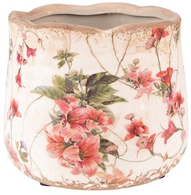 Béžový keramický dekorační obal na květináč s výraznými květy S - Ø 13*11 cm