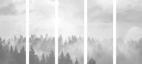 5-dílný obraz mlha nad lesem v černobílém provedení - 200x100 cm
