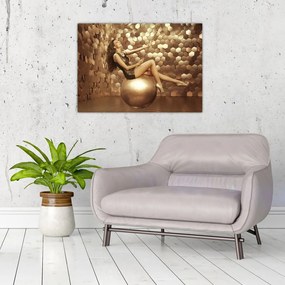 Skleněný obraz ženy ve zlaté místnosti (70x50 cm)