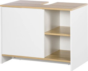Moderní koupelnová skříňka pod umyvadlo kleankin s přihrádkami a dveřmi 77x45x60 cm Bílá a Přírodní | Aosom