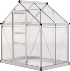 Outsunny hliníkový skleník 2,51 m² — 190 × 132 × 201 cm s pozinkovaným podstavcem, střešním větráním, posuvnými dveřmi, 4 mm UV-odolnými polykarbonát…
